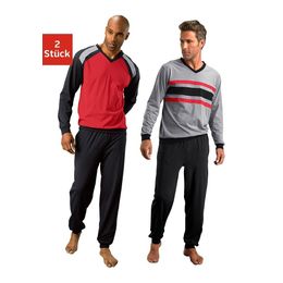 Pyjama Le Jogger, Herren, Gr. 56/58 (XL), schwarz (rot, schwarz, grau, schwarz), Jersey, Obermaterial: 100% Baumwolle, unifarben, Basic, lang, V-Ausschnitt, angesetztes B&uuml;ndchen, Homewear-Sets Pyjama, Schlafanzug in langer Form, Topseller