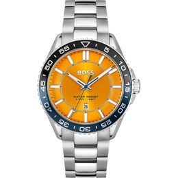 Quarzuhr BOSS "RUNNER 3H", silber (silberfarben, orange), Armbanduhren, Herren, Quarzuhr, Armbanduhr, Herrenuhr, Edelstahlarmband, analog, Tag