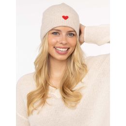 Beanie Zwillingsherz "Beanie with Heart-Patch", Damen, hellbeige, Rippstrick, Wolle, unifarben, M&uuml;tzen Beanie, Rippstrick, mit breitem Umschlag, w&auml;rmend