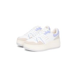 Plateausneaker Tommy Jeans "TJW RETRO BASKET FLATFORM", Damen, Gr. 39, wei&szlig;, beige, lila, Leder, Veloursleder, kontrastfarbene Details, Schuhe Plateausneaker, Freizeitschuh, Halbschuh, Schn&uuml;rschuh mit Kontrastbes&auml;tzen