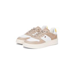 Plateausneaker Tommy Hilfiger "TH SPORTY CUPSOLE TUMBLED LTR", Damen, Gr. 41, taupe, wei&szlig;, gelb, Leder, Schuhe Plateausneaker, Freizeitschuh, Halbschuh, Schn&uuml;rschuh mit Kontrastbes&auml;tzen