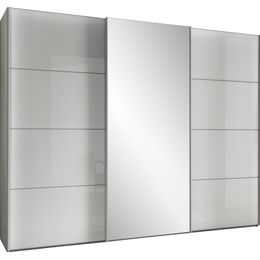 Schwebet&uuml;renschrank Wiemann "Kos", grau (kieselgrau, dekor, glas wei&szlig;, kristallspiegel), B:246,3cm H:217cm T:67cm, Glas, Holzwerkstoff, Schr&auml;nke, Schwebet&uuml;renschrank, mit Spiegelt&uuml;r und Schattenfuge