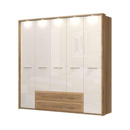 Kleiderschrank OTTO HOME "Gala, beige hochgl&auml;nzend UV lackiert, kratzfest, FSC-zertifiziert", beige (beige, pacific walnut), B:227cm H:224cm T:56cm, Holzwerkstoff, MDF, Schr&auml;nke, Kleiderschrank, mit Beleuchtung und Passpartourahmen, hoher Schrank (224cm), 4 Breiten