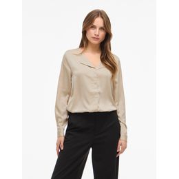 Hemdbluse Vila "VIELLETTE V-NECK L/S SATIN SHIRT - NOOS", Damen, Gr. 42, cement, Obermaterial: 100% Polyester, unifarben, regular fit normal, Blusen Hemdbluse