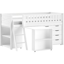 Spielbett Vipack, wei&szlig;, B:134,7cm H:114cm L:206,7cm, Das Bett ist Kiefer massiv;Die Beim&ouml;bel MDF, Betten, Spielbett, mit viel Funktion auf kleinem Raum, LF 90x200 cm, Kiefer wei&szlig; lackiert
