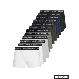 Jack & Jones Trunk JACK & JONES "JACSOLID Stretchkomfort, elastisch, bequem mit sportlichem Look", Herren, Gr. M, 12 Stk., wei&szlig; pack:2xwei&szlig;, 2xdgm, 2xlgm, 2xschwarz, 2xnavy, 2xgr&uuml;n, Jersey, Obermaterial: 95% Baumwolle, 5% Elasthan, unifarben mit Farbeinsatz, Unterhosen Trunk, bedruckt, modisch, eng anliegend, Baumwollmischung, B&uuml;ndchen