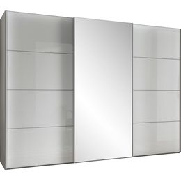 Schwebet&uuml;renschrank Wiemann "Kos", grau (kieselgrau, dekor, glas wei&szlig;, kristallspiegel), B:295,2cm H:217cm T:67cm, Glas, Holzwerkstoff, Schr&auml;nke, Schwebet&uuml;renschrank, mit Spiegelt&uuml;r und Schattenfuge