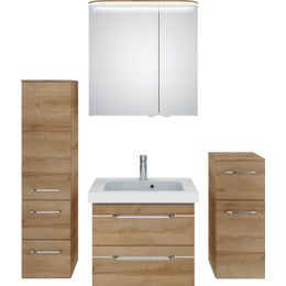 Badm&ouml;bel-Set SAPHIR "Balto Sprint 4-teilig, Mineralmarmor-Waschtisch mit LED-Spiegelschrank", braun (riviera eiche quer nachbildung), B:130cm H:200cm T:46cm, Holzwerkstoff, Kastenm&ouml;bel-Sets, Badm&ouml;bel-Set, mit Unterschrank, Midischrank, inkl. T&uuml;rd&auml;mpfer, 4 T&uuml;ren, 5 Schubladen