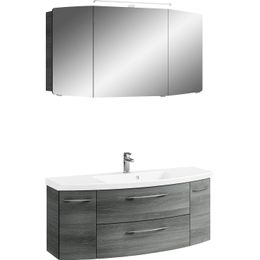 Badm&ouml;bel-Set SAPHIR "Cassca Sprint 2-teilig Mineralmarmor-Waschtisch mit LED-Spiegelschrank", grau (graphit struktur quer nachbildung), B:121cm H:200cm T:50,5cm, Holzwerkstoff, Kastenm&ouml;bel-Sets, Badm&ouml;bel-Set, Waschplatz 121 cm breit mit 5 T&uuml;ren, 2 Schubladen, inkl. T&uuml;rd&auml;mpfer