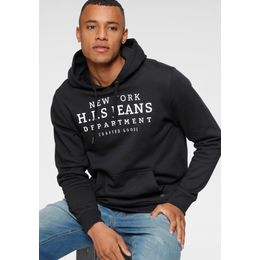 H.I.S. Kapuzensweatshirt H.I.S, Herren, Gr. 3XL (64/66), schwarz, angeraute Sweatware, Obermaterial: 60% Baumwolle, 40% Polyester, bedruckt, normal, Rundhals, Rippb&uuml;ndchen, Sweatshirts Kapuzensweatshirt, mit Print und Badge, Kapuze, f&uuml;r sportliche Outfits