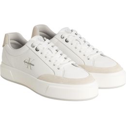 Sneaker Calvin Klein Jeans "BASKET CUPSOLE LACEUP LTH MIX", Damen, Gr. 36, wei&szlig;, beige, Leder, Lederimitat, unifarben mit Farbeinsatz, Schuhe Sneaker, Basket-Sneaker, Halbschuh, Schn&uuml;rschuh mit Plateausohle