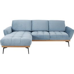 Ecksofa exxpo - SOFA FASHION "Palic, inkl. R&uuml;ckenverstellung, bequem, elegant, Breite 245cm, L-Form", blau (eisblau), B:245cm H:87cm T:185cm, Webstoff Premium: 67% Polyester, 33% Baumwolle;Webstoff: 100% Polyester;Velours: 100% Polyester, Sofas, Ecksofa, vom Sofa zum Hochlehner. Hohe F&uuml;&szlig;e und Holzblende als Designmerkmal
