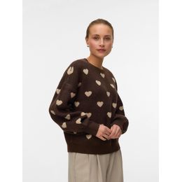 V&eacute;ro Moda Strickpullover VERO MODA "AWHEART LS O-NECK KNIT NOOS", Damen, Gr. XS, chocolate martini aop:hearts moon rock, Strick, Obermaterial: 58% Polyester, 38% Polyacryl, 4% Elasthan, bedruckt, regular fit normal, Rundhals, Pullover Strickpullover