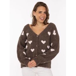 Cardigan Zwillingsherz "Herzen", Damen, braun, Strick, Obermaterial: 65% Polyacryl, 17% Polyamid, 9% Wolle, 9% Viskose, mehrfarbig, bequem h&uuml;ftbedeckend, V-Ausschnitt, Rippstrickb&uuml;ndchen, Strickjacken Cardigan, mit Wollanteil, Herzen und Kn&ouml;pfen