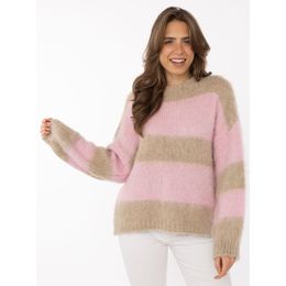 Strickpullover Zwillingsherz "Streifen", Damen, rosa, mittelbeige, Strick, Obermaterial: 65% Polyacryl, 17% Polyamid, 9% Wolle, 9% Viskose, mehrfarbig, bequem taillenbedeckt, Rundhals, Rippstrickb&uuml;ndchen, Pullover Strickpullover, kuschelig mit Rundhalsausschnitt, Blockstreifen und Wollanteil