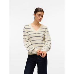 V&eacute;ro Moda V-Ausschnitt-Pullover VERO MODA "VMAWESOME SHINE LS V-NCK STRIPE PULL BOO", Damen, Gr. L, birch detail:mgm, silber lurex, Strick, Obermaterial: 55% Polyester, 17% Viskose, 16% Nylon, 6% Wolle, 5% metallisierte Fasern, 1% Elasthan, gestreift, regular fit, V-Ausschnitt, Rippstrickb&uuml;ndchen, Pullover V-Ausschnitt-Pullover, mit Glitzer-Effekt