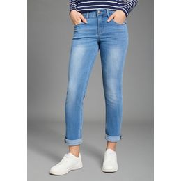 Relax-fit-Jeans Kangaroos "RELAX-FIT HIGH WAIST", Damen, Gr. 46, N-Gr, blau (light blau u), Denim/Jeans, Obermaterial: 67% Baumwolle, 32% Polyester (REPREVE), 1% Elasthan, Abriebeffekte, Vintage, Basic, relaxed fit kn&ouml;chelfrei, Jeans Relax-fit-Jeans, kn&ouml;chelfreie Schnittform, krempelbare Beinabschl&uuml;sse, Topseller