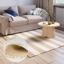 Teppich "Karim", beige (beige, wei&szlig;), B:160cm H:10mm L:230cm, Baumwolle, Polyester, MyFlair M&Ouml;BEL & ACCESSOIRES, Teppiche, Teppich, Handweb Teppich, gestreift, 90% Baumwolle, handgewebt, mit Fransen