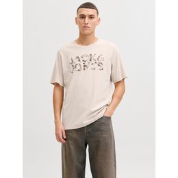 Jack & Jones Kurzarmshirt JACK & JONES "JJEJEFF LOGO TEE SS SN", Herren, Gr. M, moonbeam, Jersey, Obermaterial: 100% Baumwolle, bedruckt, normal, Shirts Kurzarmshirt, mit Logoprint