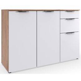 Kombikommode wimex "Level by fresh to go", wei&szlig; (front wei&szlig;, korpus plankeneiche nachbildung), B:122cm H:84cm T:41cm, Holzwerkstoff, Sideboards, Kombikommode, 3-t&uuml;rig, mit 2 Schubladen und soft-close Funktion, 122cm breit
