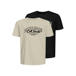 Jack & Jones T-Shirt JACK & JONES JUNIOR "JJMAKOTO TEE SS CREW NECK 2PK JNR", Jungen, Gr. 140, schwarz pack:antique wei&szlig; (big print), Single Jersey, Obermaterial: 100% Baumwolle, bedruckt, regular fit normal, Rundhals, Shirts T-Shirt
