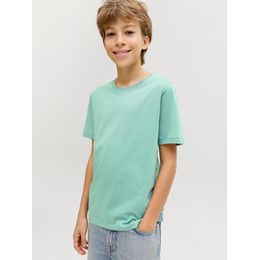 Jack & Jones Rundhalsshirt JACK & JONES JUNIOR "JJEORGANIC figurbetont, atmungsaktiv, kombinierbar", Jungen, Gr. 164, mineral blau, Jersey, Obermaterial: 100% Baumwolle, unifarben, slim fit normal, Rundhals, Shirts Rundhalsshirt, unifarben, casual, slim fit, Jersey, Rundhals