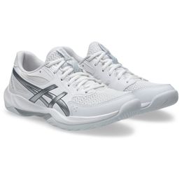 Hallenschuh asics "GEL-ROCKET 12", Damen, Gr. 39,5, wei&szlig; (wei&szlig;, pure silber), Synthetik, Schuhe Hallenschuh, besonders geeignet f&uuml;r Handball und Volleyball