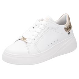 Plateausneaker RIEKER SPORT, Damen, Gr. 38, gold (wei&szlig;, goldfarben), Leder, Lederimitat, kontrastfarbene Details, Schuhe Plateausneaker, Schn&uuml;rschuh, Halbschuh, Freizeitschuh, Metallic-Akzent, schmale Form