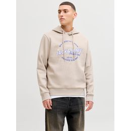 Jack & Jones Kapuzensweatshirt JACK & JONES "JJELOGO SWEAT HOOD 2 COL 25/26 NOOS", Herren, Gr. L, moonbeam, angeraute Sweatware, Obermaterial: 70% Baumwolle, 30% Polyester, bedruckt, regular fit normal, Rundhals, Rippb&uuml;ndchen, Sweatshirts Kapuzensweatshirt, mit stylischem Print