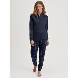 Schlafanzug Calida "Midnight Dreams", Damen, Gr. XS (36/38), peacoat blau, Single Jersey, Obermaterial: 100% Baumwolle, bequem lang, V-Ausschnitt, Homewear-Sets Schlafanzug, V-Ausschnitt, Langarm, Single Jersey Qualit&auml;t, weich