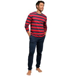 H.I.S. Pyjama H.I.S, Herren, Gr. 60/62 (XXL), bunt (rot, navy, gestreift, navy), Jersey, Obermaterial: 100% Baumwolle, gestreift, Basic, bequem lang, Rundhals, abgesteppte Kante, Homewear-Sets Pyjama, Schlafanzug mit aufwendig gestreiftem Oberteil, Topseller