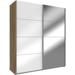 Schwebet&uuml;renschrank wimex "Easy", braun (plankeneichefarben, wei&szlig;glas, spiegel), B:135cm H:210cm T:65cm, Schr&auml;nke, Schwebet&uuml;renschrank, mit Glas und Spiegel
