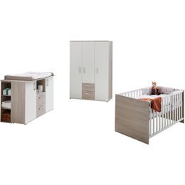 Babyzimmer-Komplettset Home Affaire "Geert", Baby, Gr. mit Flachgitter, B/H: 70cm x 140cm,mit Flachgitter, grau (ulme silber, grau nb, wei&szlig;), Holzwerkstoff, Massivholz, Schlafzimmerm&ouml;bel-Sets Babyzimmer-Komplettset, Made in Germany; mit Kinderbett, Regal, Schrank und Wickelkommode