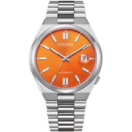 Automatikuhr Citizen "TSUYOSA 60h", silber (silberfarben, orange), Armbanduhren, Damen, Automatikuhr, Armbanduhr, Damenuhr, Herrenuhr, Edelstahlarmband, Saphirglas, Datum