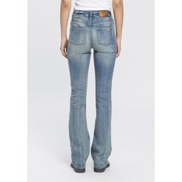Bootcut-Jeans Arizona "Baby Bootcut", Damen, Gr. 20, K + L Gr, blau (mid, blau, use), Denim/Jeans, Obermaterial: 69% Baumwolle, 29% Polyester, 2% Elasthan, Abriebeffekte, Basic, bootcut fit, Jeans Bootcut-Jeans, leicht ausgestelltes Bein, hohe Leibh&ouml;he, Topseller