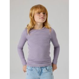 Langarmshirt name it "NKFNAKAL LS TOP NOOS", M&auml;dchen, Gr. 116, lavender gray, Jersey, Obermaterial: 95% Baumwolle, 5% Elasthan, unifarben, normal h&uuml;ftlang, Rundhals, abgesteppte Kante, Shirts Langarmshirt, in Basic-Form und leicht gerippter Qualit&auml;t