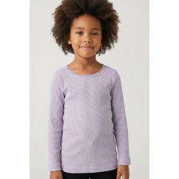 Langarmshirt name it "NMFKAB LS TOP NOOS", M&auml;dchen, Gr. 134/140, lavender gray, Feinripp, Obermaterial: 57% Baumwolle, 38% Modal, 5% Elasthan, unifarben, regular fit h&uuml;ftbedeckend, Rundhals, abgesteppte Kante, Shirts Langarmshirt, in Feinripp und mit s&uuml;&szlig;er Spitzenkante am Ausschnitt