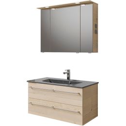 Badm&ouml;bel-Set SAPHIR "Serie 6025 2-teilig Mineralmarmor-Waschtisch mit LED-Spiegelschrank", braun (polar pinie quer nb), B:97cm H:200cm T:48cm, Holzwerkstoff, Kastenm&ouml;bel-Sets, Badm&ouml;bel-Set, Waschplatz 97 cm breit, 2 Schubladen, 3 Spiegel-T&uuml;ren, inkl T&uuml;rd&auml;mpfer
