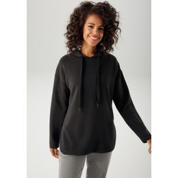 Sweatshirt Aniston CASUAL, Damen, Gr. 50, schwarz, Jersey, Obermaterial: 59% Modal, 35% Polyester, 6% Elasthan, unifarben, oversize h&uuml;ftbedeckend, Sweatshirts Sweatshirt, mit Bindeband an der Kapuze