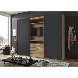 Schwebet&uuml;renschrank wimex "Magic by fresh to go", grau (plankeneiche nachbildung, graphit), B:300cm H:236cm T:65cm, Schr&auml;nke, Schwebet&uuml;renschrank, tolles EXTRA: mit drehbarem TV-Element, mittig mit Schubladen