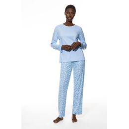 Schlafanzug Mey "Flower Meadow", Damen, Gr. 46, blau (blau silk), Single Jersey, Obermaterial: 100% Baumwolle, bequem lang, Rundhals, Homewear-Sets Schlafanzug, Komfortbund, Rundhalsausschnitt, bequem, Single Jersey, Langarm