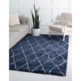 Hochflor-Teppich "Temara Shag, LAGERR&Auml;UMUNG", blau (marineblau, elfenbeinfarben), B:122cm H:51mm L:183cm, Polypropylen (PP), MyFlair M&Ouml;BEL & ACCESSOIRES, Teppiche, Hochflor-Teppich, gewebt, Rauten Design, weich & kuschelig