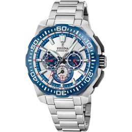Chronograph Festina "Chrono Bike 2025", silber (silberfarben, silberfarben, blau), Armbanduhren, Herren, Chronograph, Quarzuhr, Armbanduhr, Herrenuhr, Edelstahlarmband, analog, Tag
