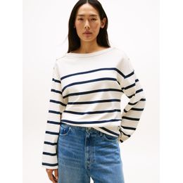 Langarmshirt Tommy Hilfiger "LWK GOLD BUTTON BOAT-NK LS TEE", Damen, Gr. M (38), ivory silk, schwarz night navy stp, Single Jersey, Obermaterial: 100% Baumwolle, gestreift, regular fit h&uuml;ftlang, U-Boot-Ausschnitt, Shirts Langarmshirt, mit goldfarbenen Knopf