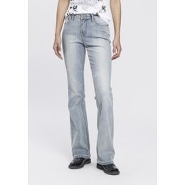 Bootcut-Jeans Arizona "Shaping", Damen, Gr. 40, N-Gr, blau (bleached), Jeans, Obermaterial: 79% Baumwolle, 19% Polyester, 2% Elasthan, Abriebeffekte, Basic, bootcut fit lang, Jeans Bootcut-Jeans, elastische Passform, Bootcut-Beinform, Used-Waschung, hohe Taille, Topseller