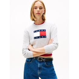 Strickpullover Tommy Jeans "TJW SPARKLE FLAG SWEATER EXT", Damen, Gr. L (40), lt grau htr, Strick, Obermaterial: 53% Baumwolle, 29% Polyester, 16% Polyamid, 2% Elasthan, meliert, unifarben, Rundhals, Pullover Strickpullover