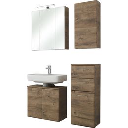 Badm&ouml;bel-Set SAPHIR "Quickset 943 4-teilig, Glaswaschtisch und LED-Spiegelschrank", braun (eiche ribbeck quer nachbildung), B:100cm T:33cm, Holzwerkstoff, MDF, Kastenm&ouml;bel-Sets, Badm&ouml;bel-Set, Badm&ouml;bel ohne Waschbecken, inkl. T&uuml;rd&auml;mpfer, 7 T&uuml;ren, 2 Schubladen
