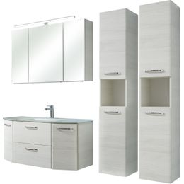 Badm&ouml;bel-Set SAPHIR "Quickset 936 4-teilig, Glaswaschtisch und LED-Spiegelschrank", wei&szlig; (eiche wei&szlig; quer nachbildung), B:172cm T:48cm, Glas, Holzwerkstoff, MDF, Kastenm&ouml;bel-Sets, Badm&ouml;bel-Set, 2 Hochschr&auml;nke, Eiche Wei&szlig; quer Nachbildung, inkl. T&uuml;rd&auml;mpfer, 9 T&uuml;ren