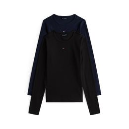 Langarmshirt Tommy Jeans "TJW 2PACK SLIM ESSENTIAL RIB LS", Damen, Gr. XL (46), blau (schwarz, schwarz night navy), Single Jersey, Obermaterial: 95% Baumwolle, 5% Elasthan, Basic, slim fit h&uuml;ftlang, Rundhals, abgesteppt, Shirts Langarmshirt, in Rippoptik, mit Logostickerei