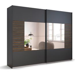 Schwebet&uuml;renschrank Rauch "Kleiderschrank Schrank Garderobe Schlafzimmerschrank BAREA", grau (graumetallic, atlantic oak dunkel), B:271cm H:210cm T:62cm, Holzwerkstoff, Schr&auml;nke, Schwebet&uuml;renschrank, Front- Auflage in moderner Lamellen-Optik und Spiegel MADE IN GERMANY